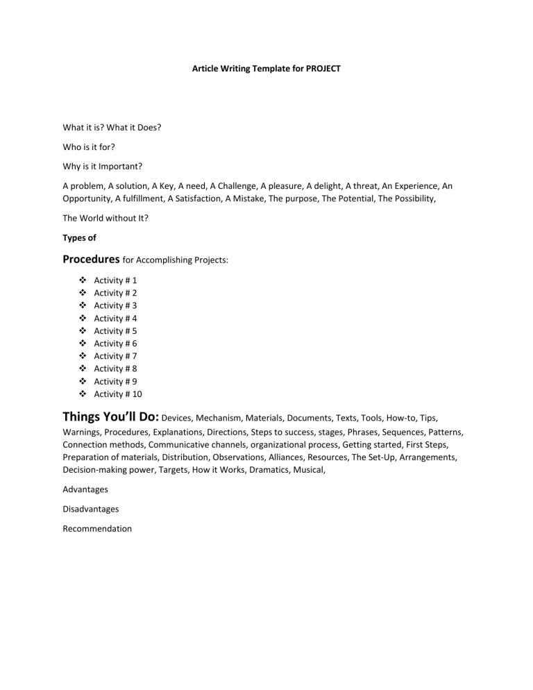 Article Writing Template For PROJECT