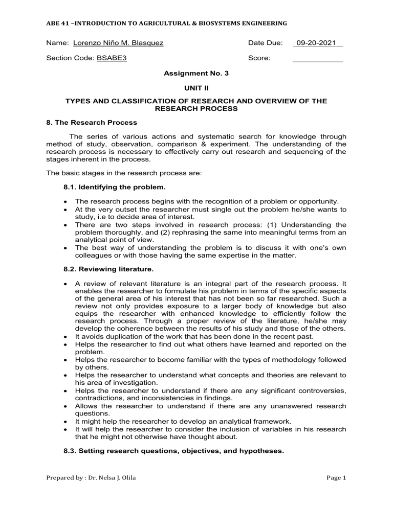 Research Process in Agricultural Engineering Assignment