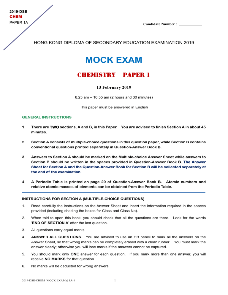 2019 DSE Chemistry Mock Exam Paper 1A 2019 DSE Chemistry Mock Exam Paper 1A