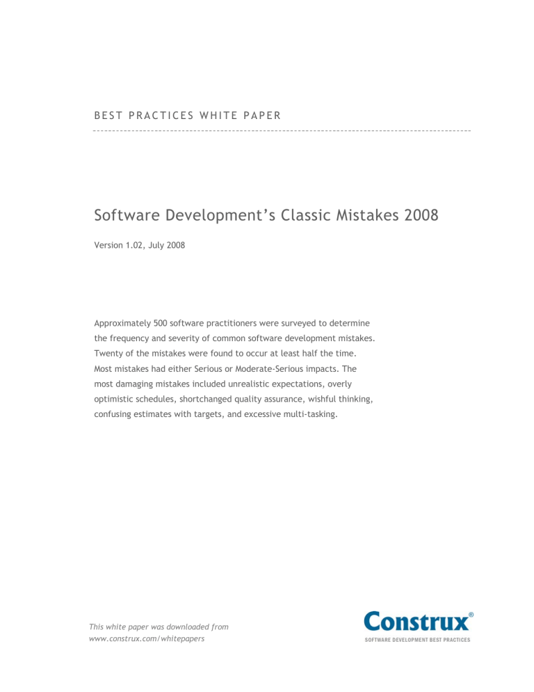 Software Development S Classic Mistakes