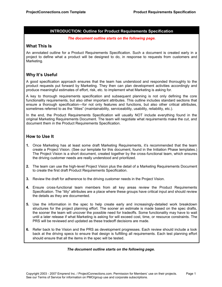 Product Requirements Specification Template