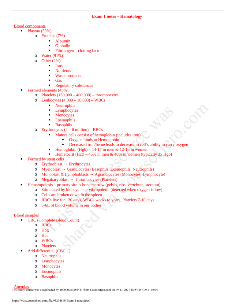 Hematology Exam 1 Notes: Blood, Anemia, Coagulation
