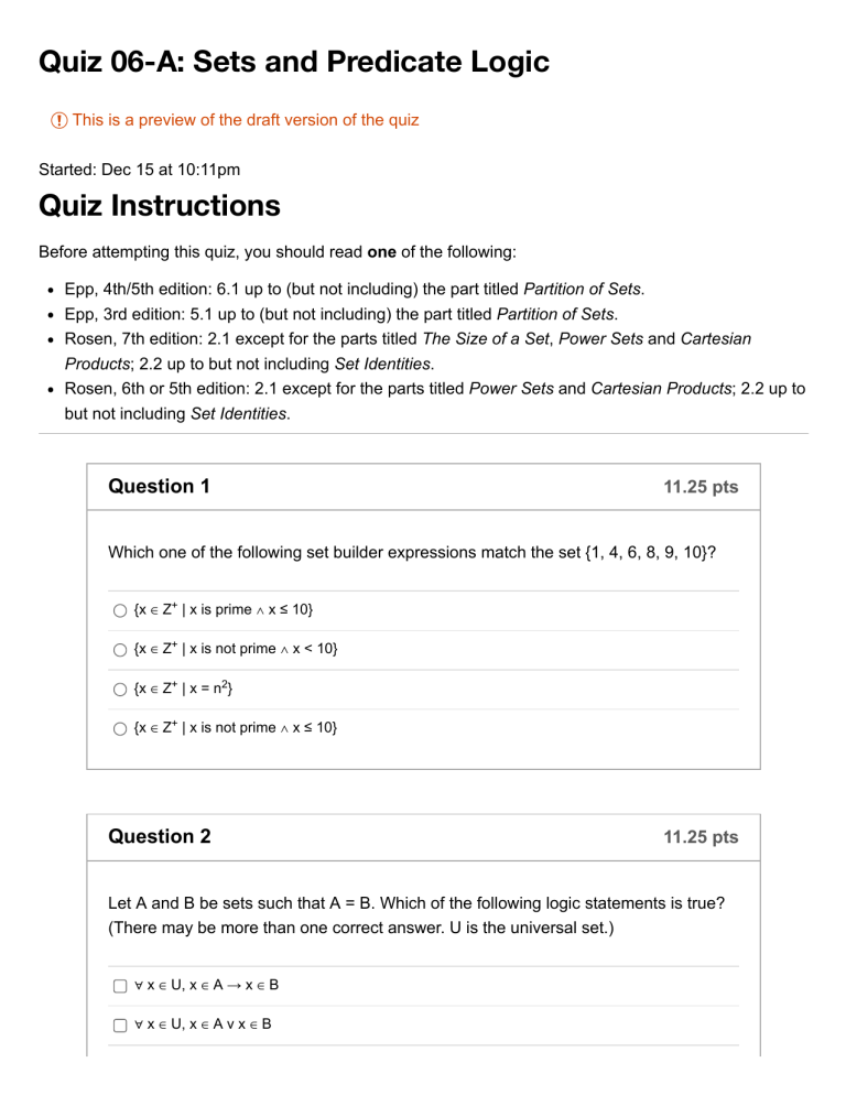 Sets and Predicate Logic Quiz