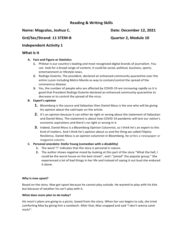 Reading And Writing Skills Quarter 2 Module 10