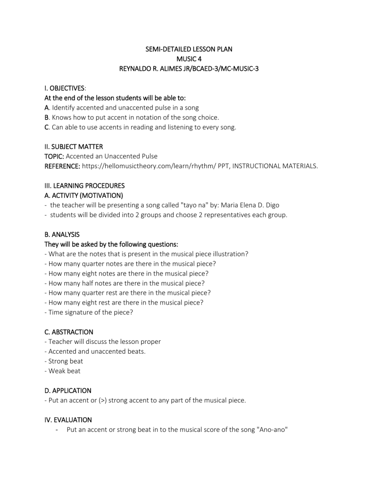 ALIMES MUSIC SEMI DETAILED LESSON PLAN