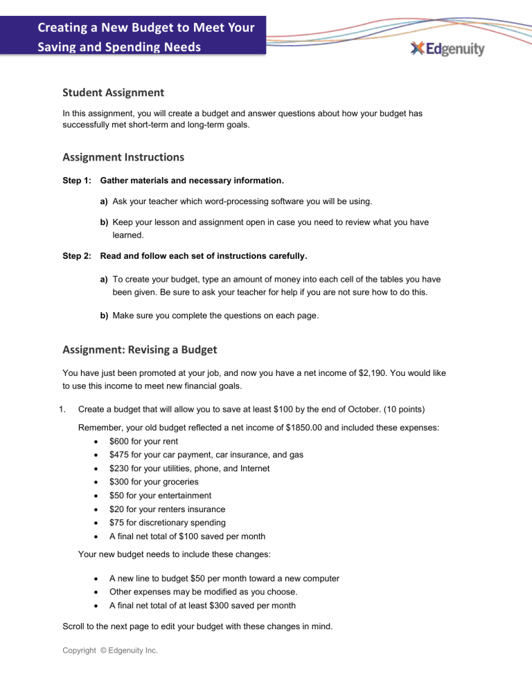 Creating A New Budget Student Assignment