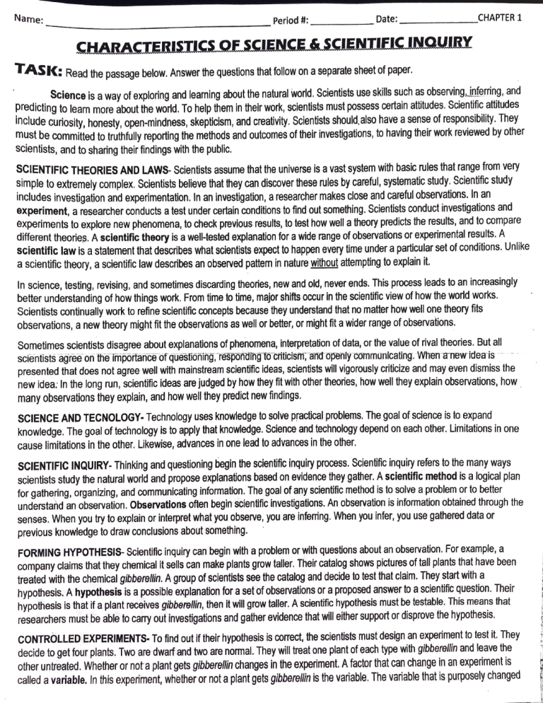 Science & Scientific Inquiry Worksheet