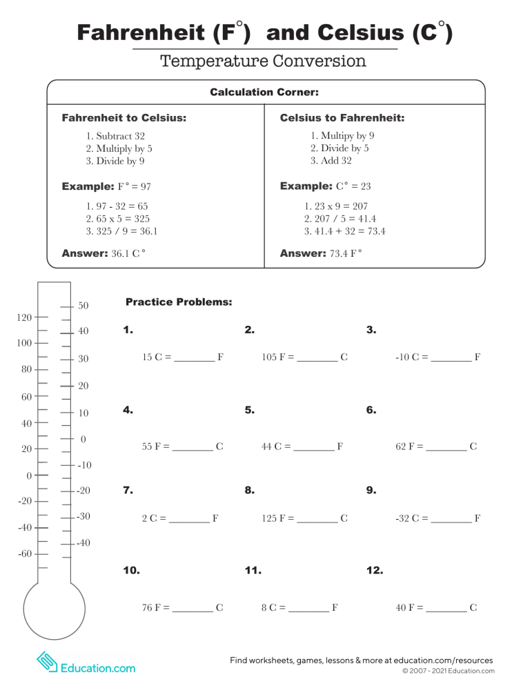 Fahrenheit & Celsius Temperature Conversion Worksheet