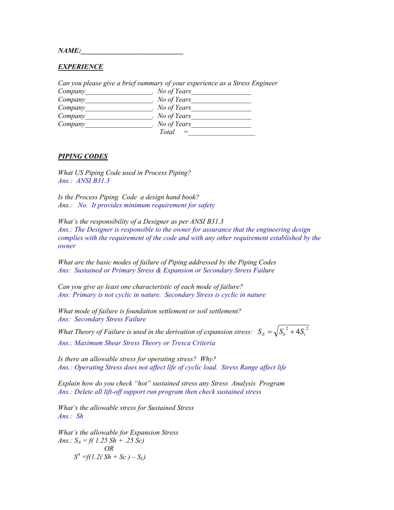 Stress Engineering Questionnaire: Piping, FEA, FPSO
