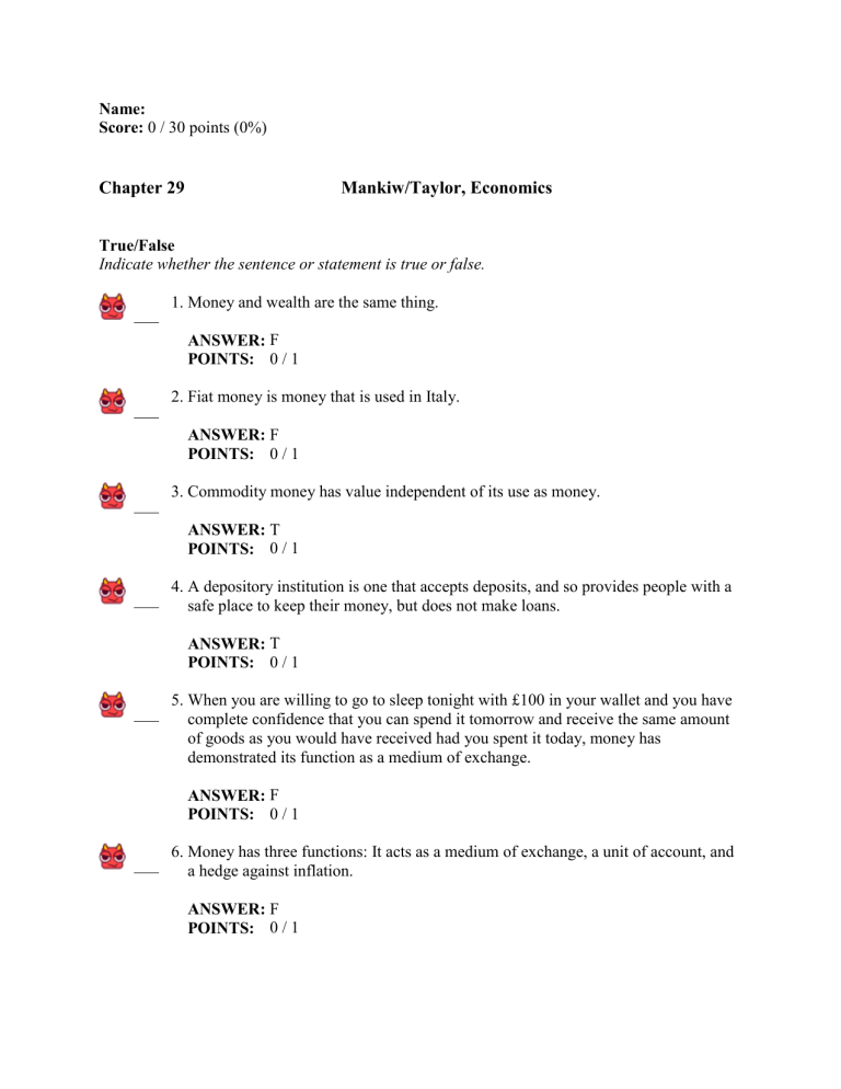 Economics Test: Money, Banking, Monetary Policy