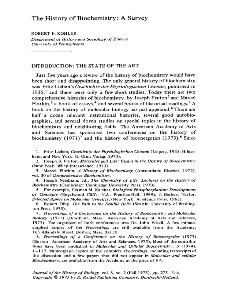 History of Biochemistry: A Survey by Robert E. Kohler