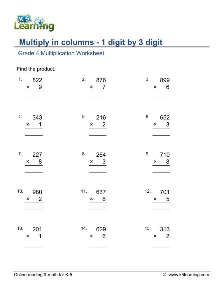 Grade 4 multiply columns 1 digit 3 digit a