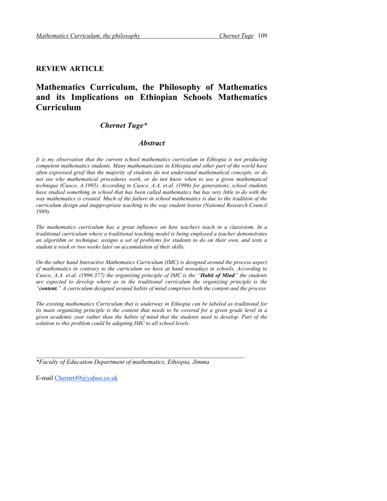 Mathematics Curriculum & Philosophy in Ethiopian Schools