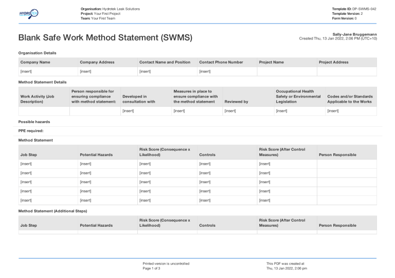 Blank SWMS Template: Hydrotek Leak Solutions