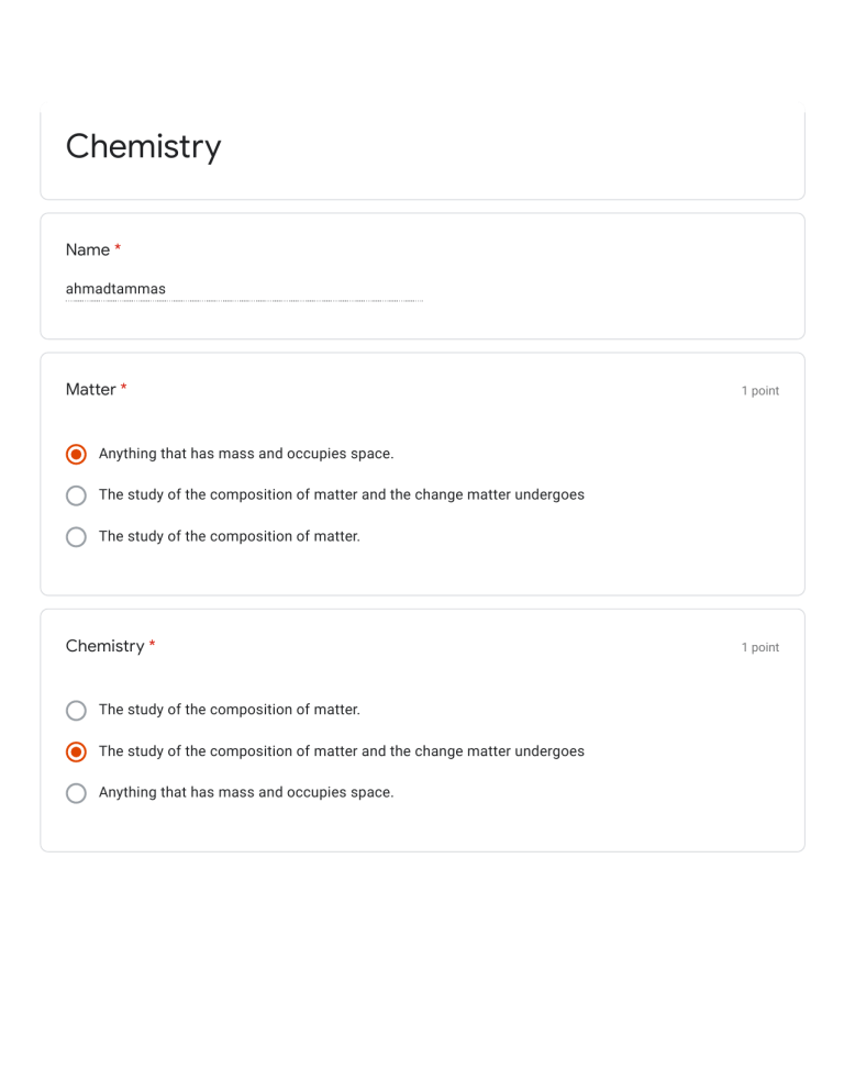 Chemistry Test: Matter, Branches, and Key Concepts
