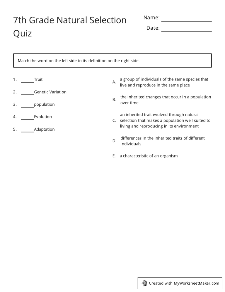 7th grade natural selection quiz 1 