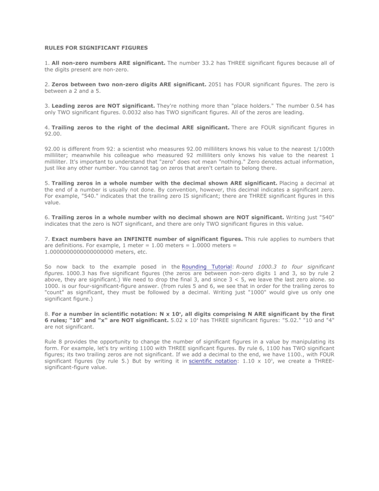 RULES FOR SIGNIFICANT FIGURES