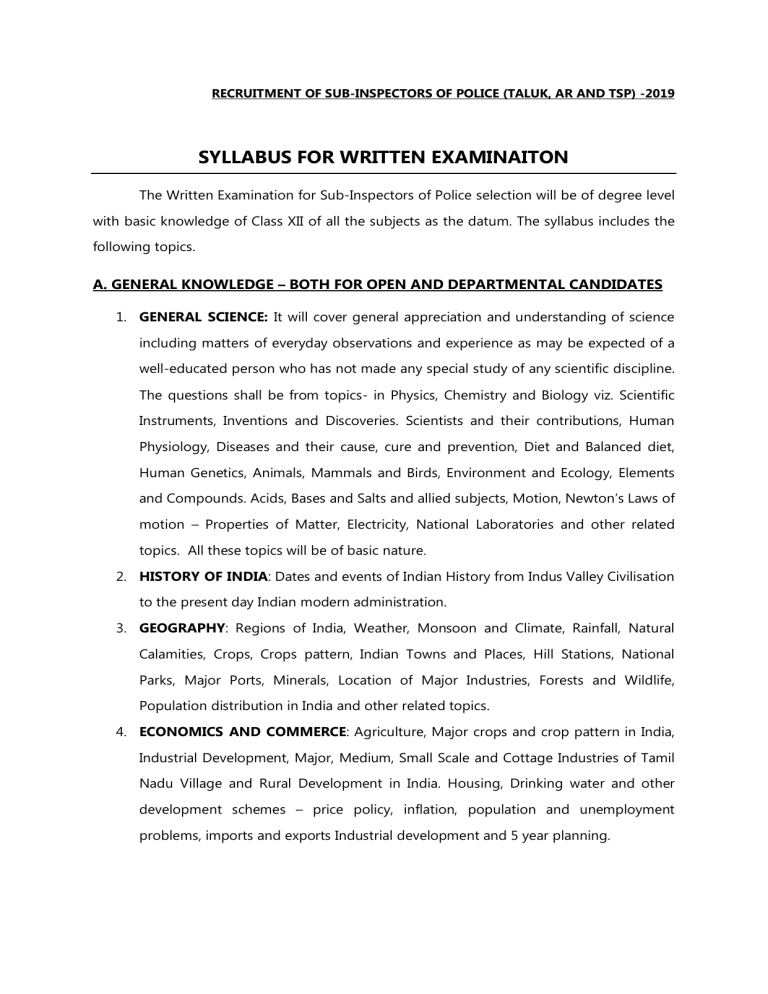 Sub-Inspectors of Police Exam Syllabus 2019