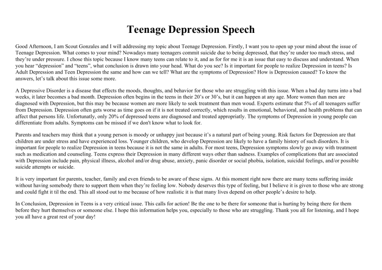 Teenage Depression Speech Teenage Depression Speech