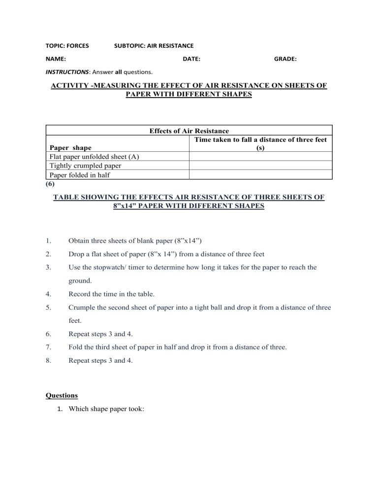 FORCES WORKSHEET 1 FORCES WORKSHEET 1