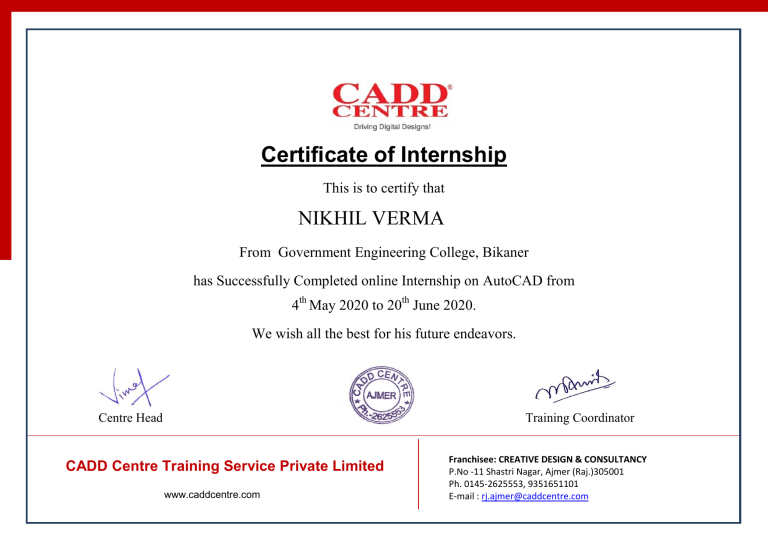 AutoCAD Internship Certificate - Nikhil Verma
