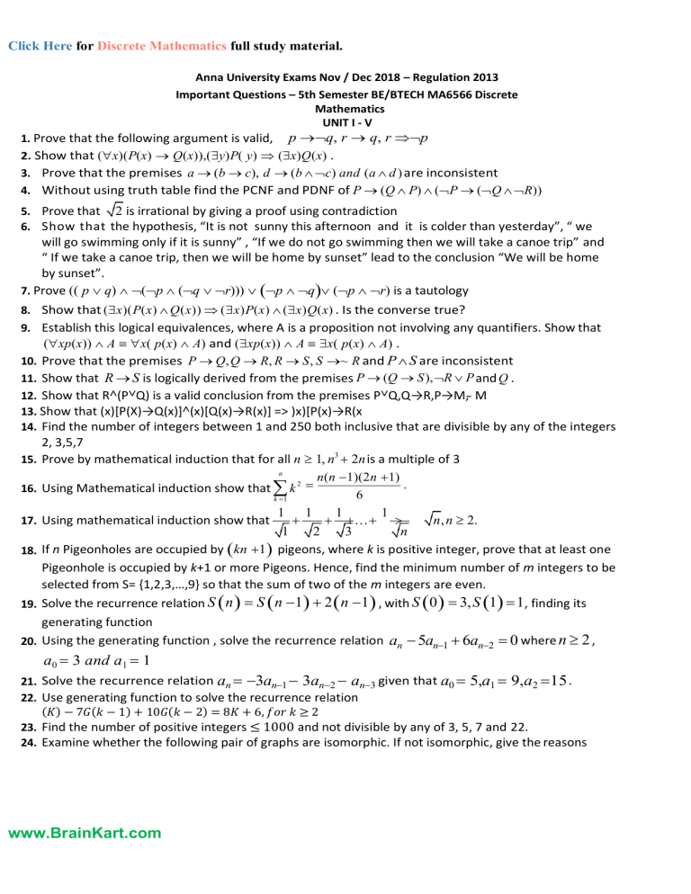 094 MA8351 MA6566 Discrete Mathematics Important Questions 2
