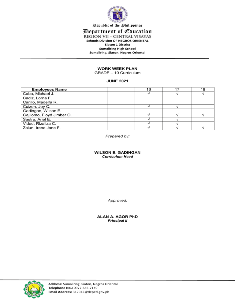 Grade 10 Work Week Plan, Sumaliring High School