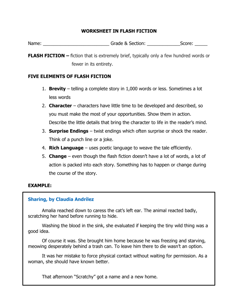WORKSHEET IN FLASH FICTION WORKSHEET IN FLASH FICTION