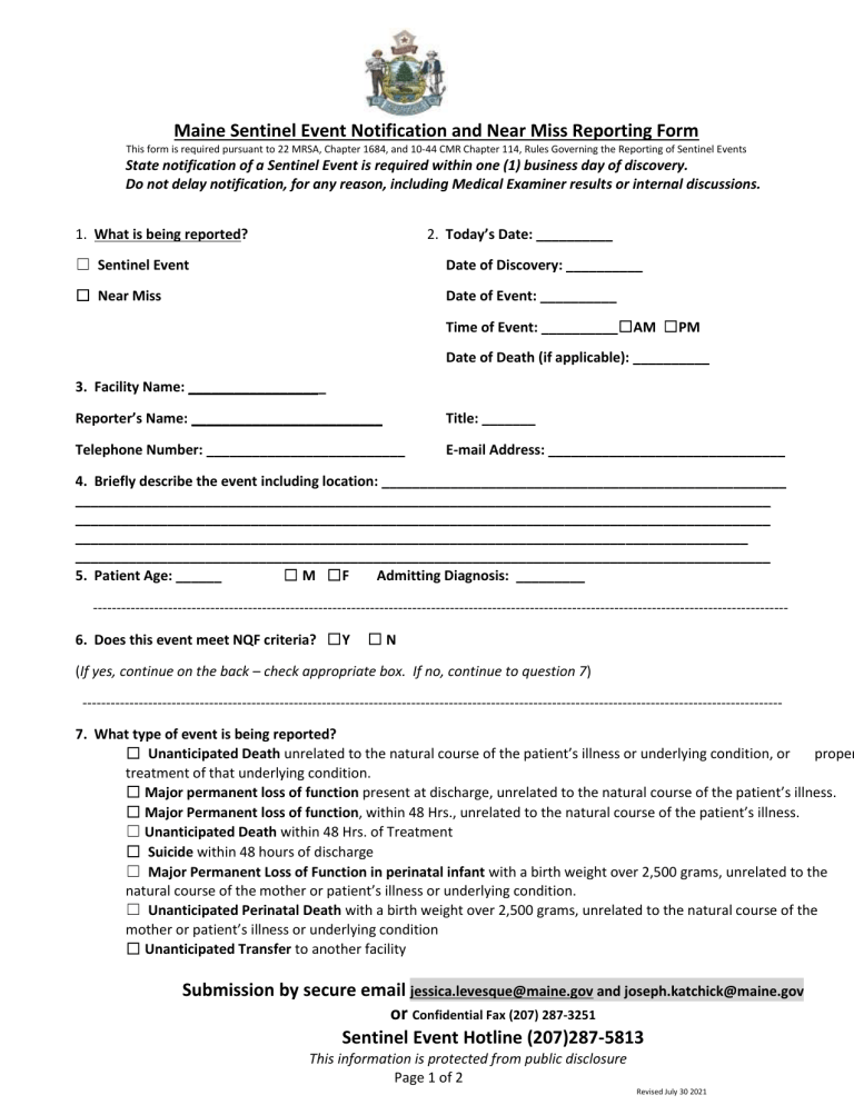 July 2021 Sentinel Event Reporting Form