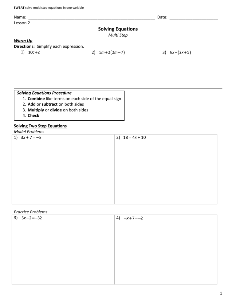 02 Solving Equations two Step combine distribute 