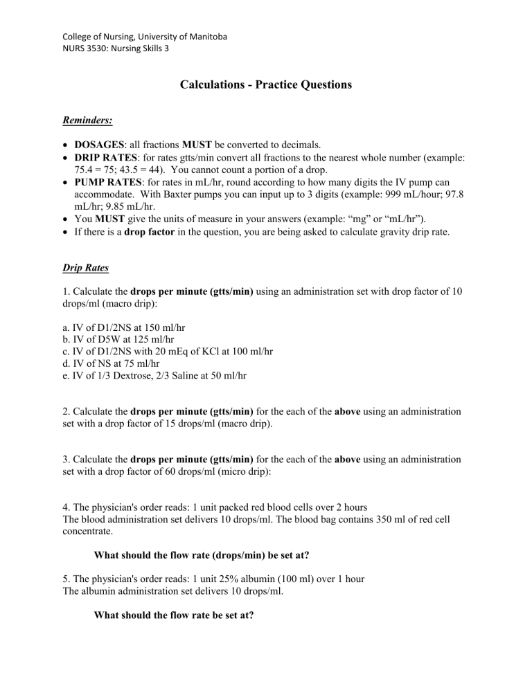Med Calc Calculations Practice Questions