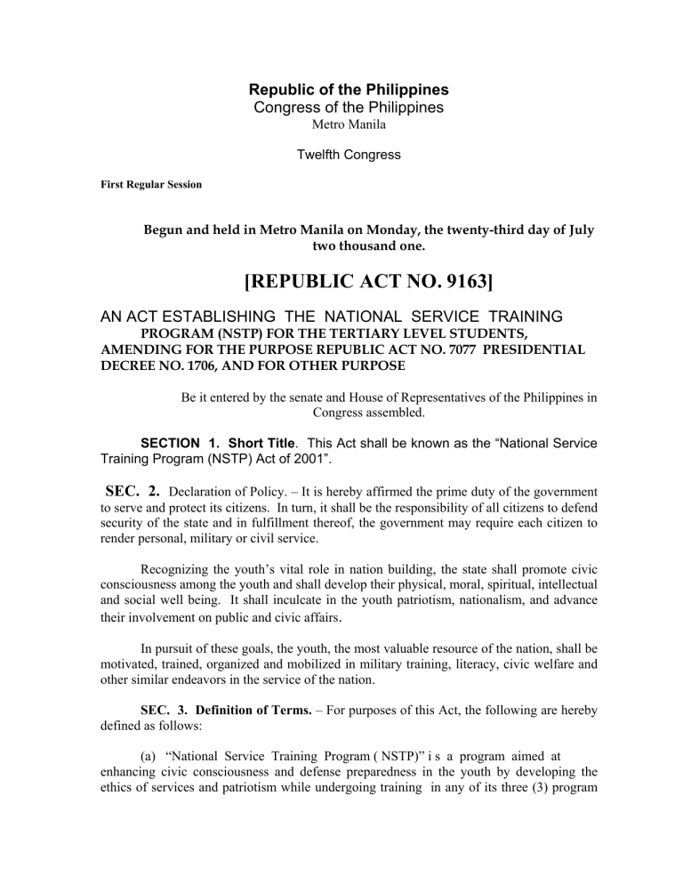Republic Act No 9163 NSTP Act 2001
