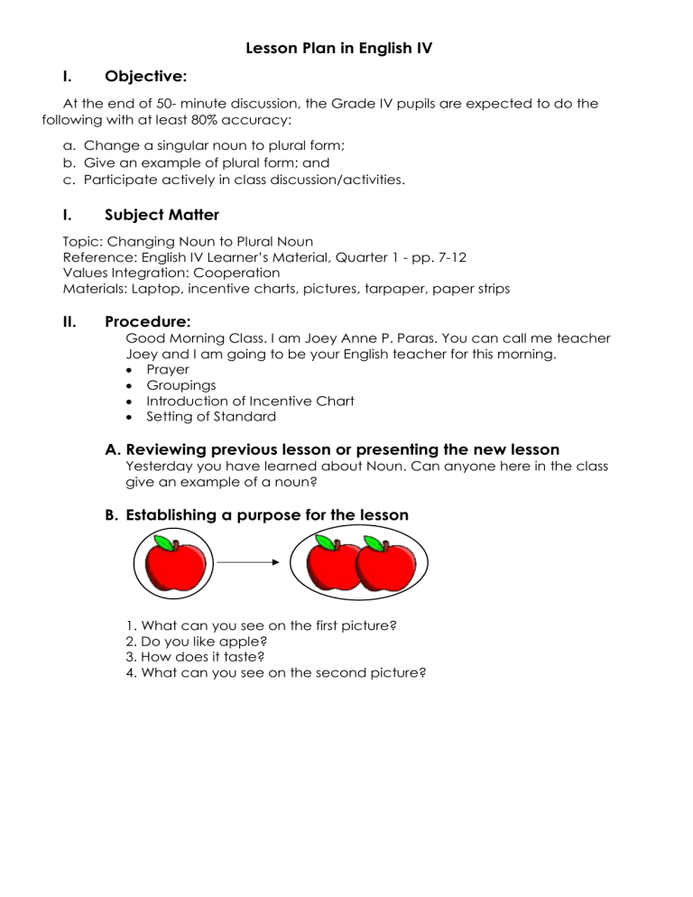 Lesson Plan In ENGLISH 1