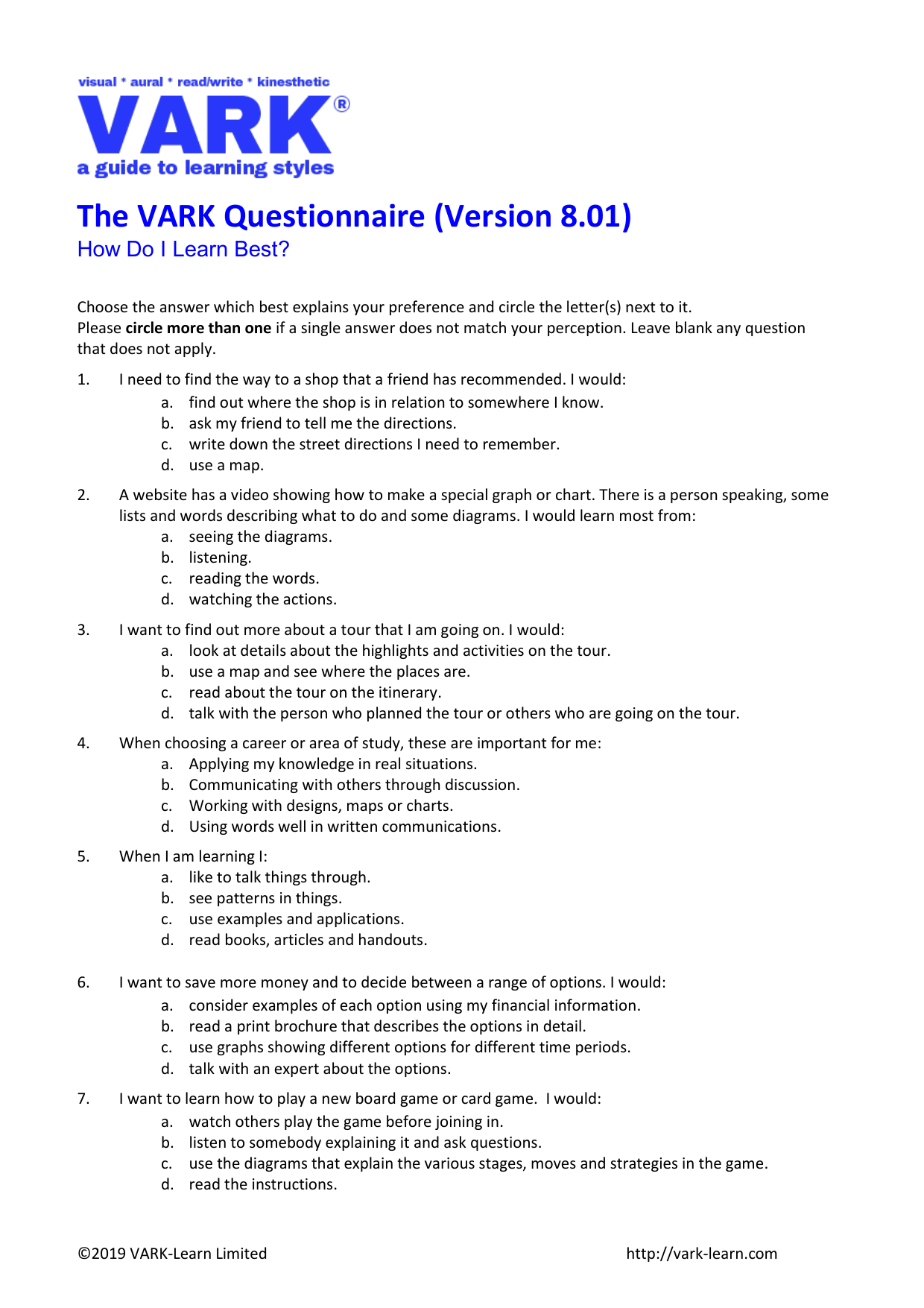 Vark Learning Styles Chart Vark Learning Styles Chart