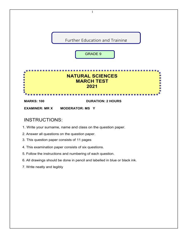 Grade 9 Natural Sciences Test Paper