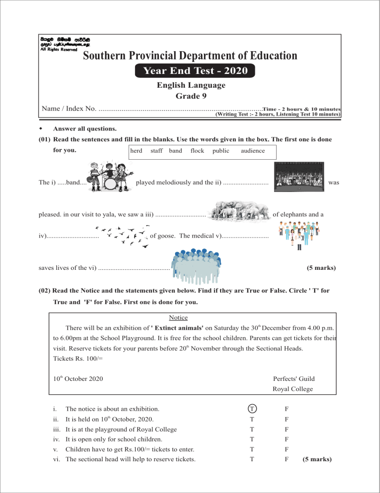 Grade 09 English 3rd Term Test Paper With Answers 2020 Southern 