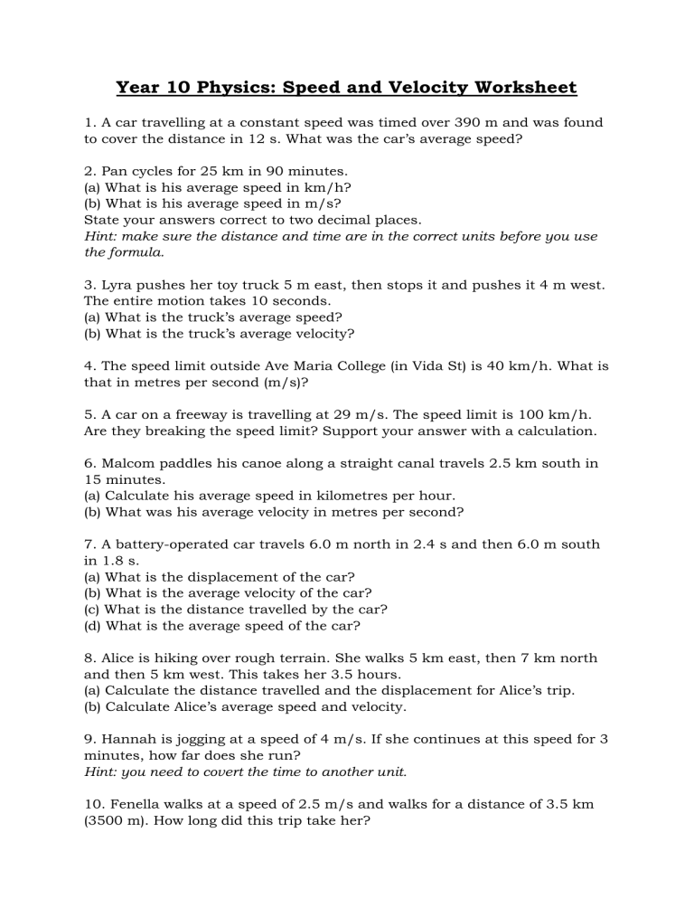 Speed And Velocity Worksheet