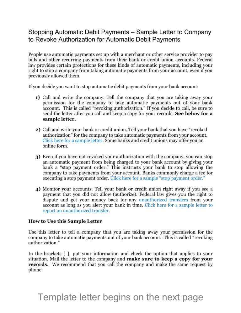 201511 Cfpb Sample letter to company to revoke authorization for 