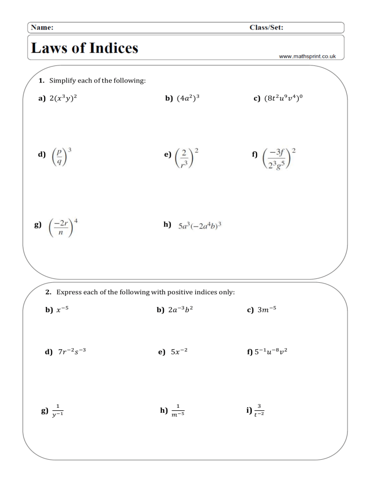 Index Laws Worksheet