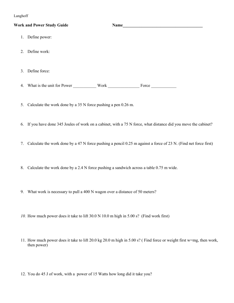 Work And Power Study Guide
