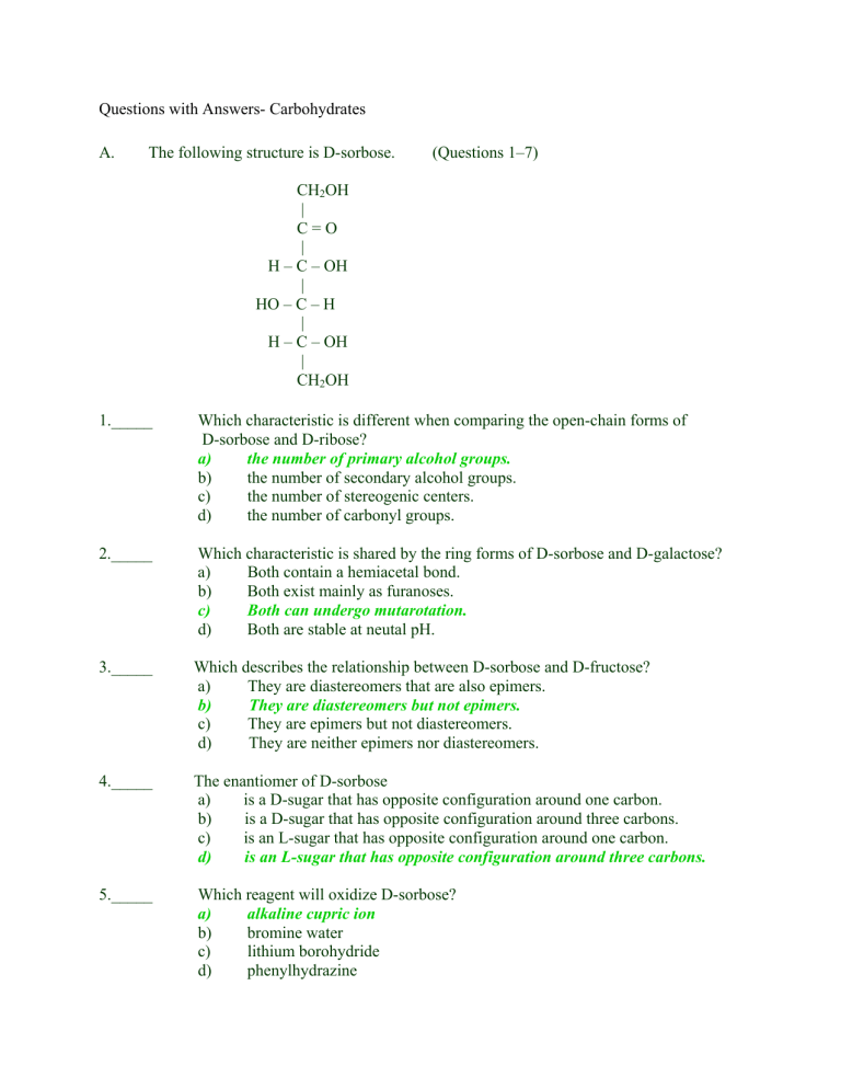 Answers Carbohydrates Answers Carbohydrates