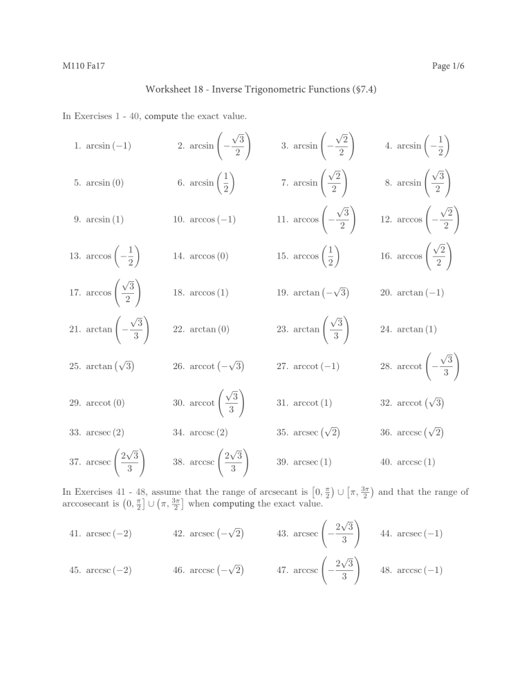 PreCalc Inverse Trig Functions PreCalc Inverse Trig Functions