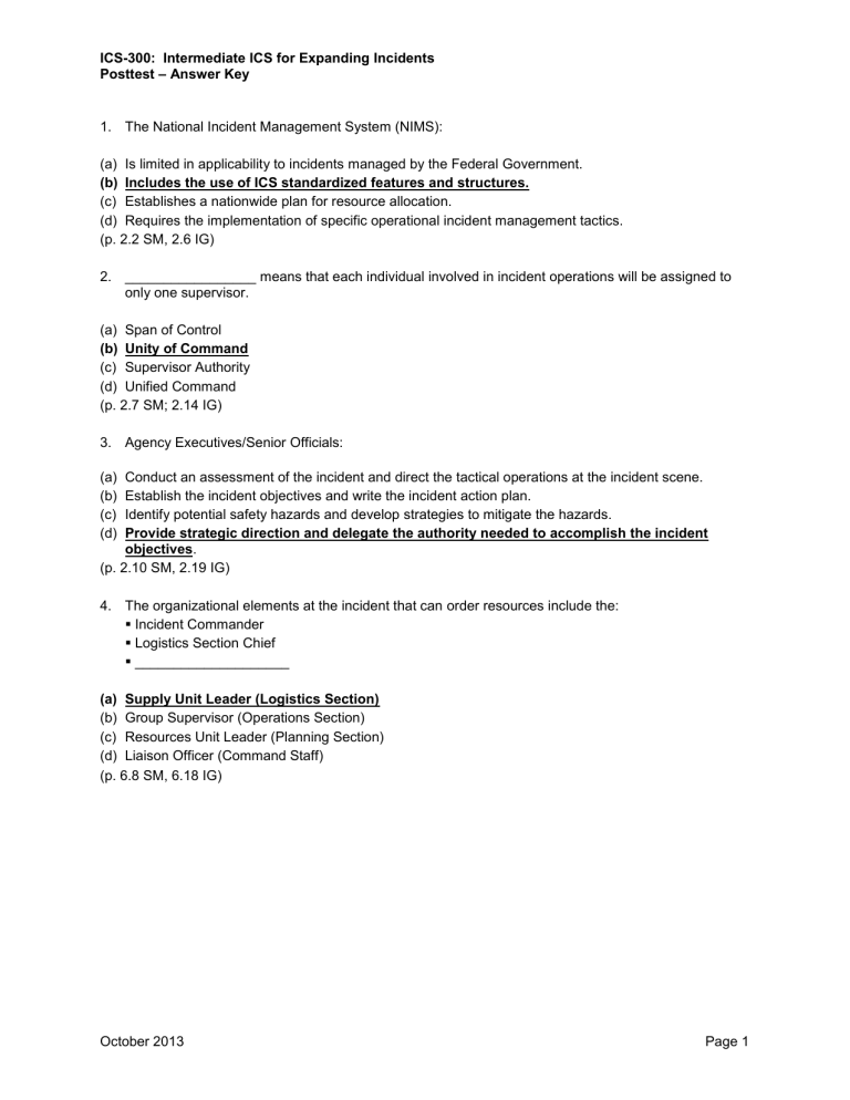 ICS 300 Intermediate ICS Posttest Answer Key