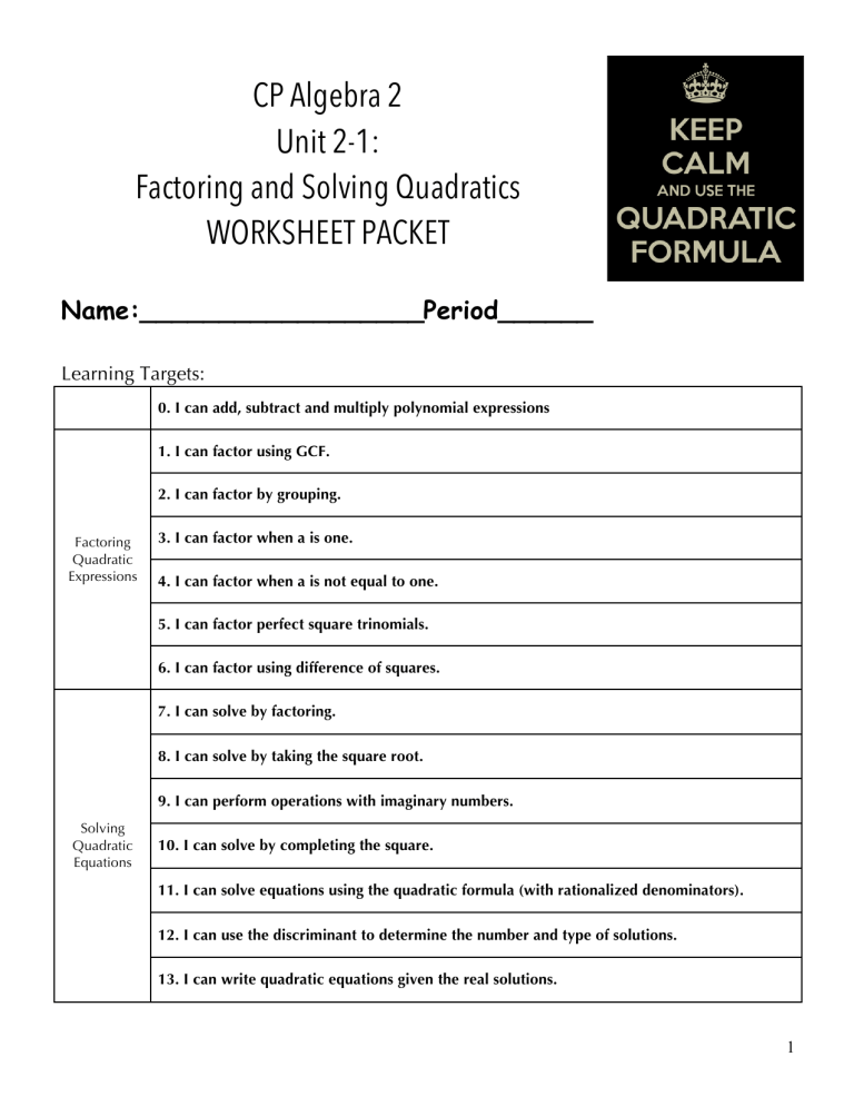2 1 Alg2 Worksheets quadratics