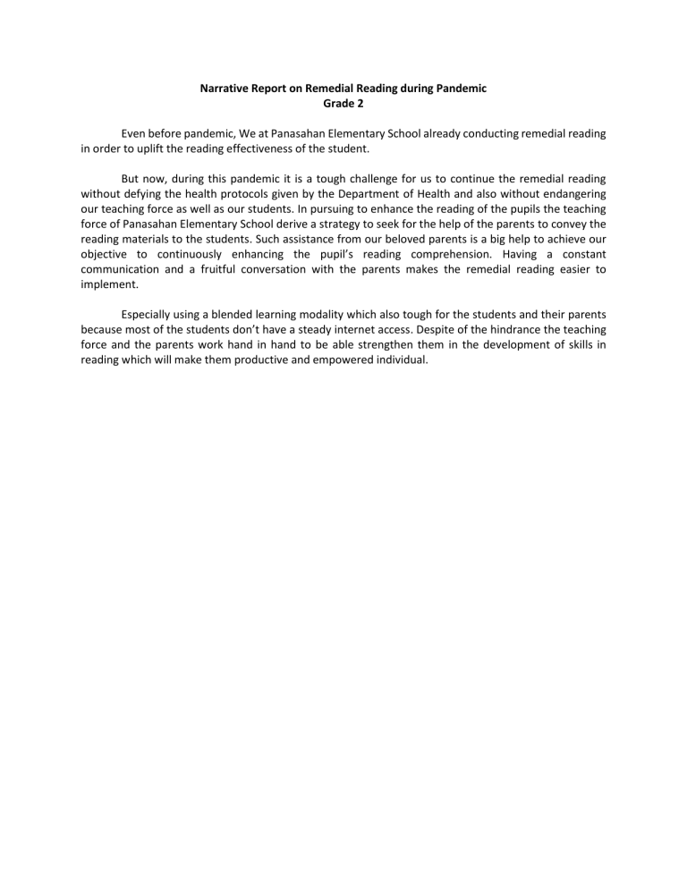 Narrative Report on Remedial Reading during Pandemic