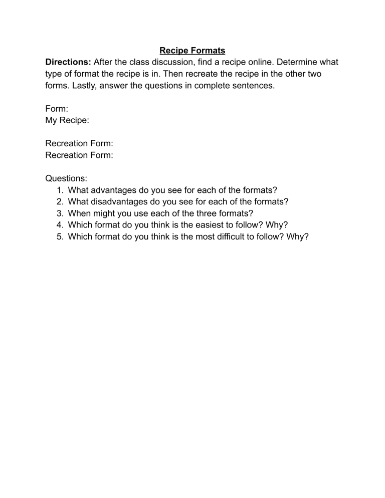 Recipe Formats Recipe Formats