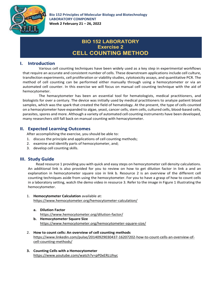 Bio 152 Exercise 2 Cell Counting Method