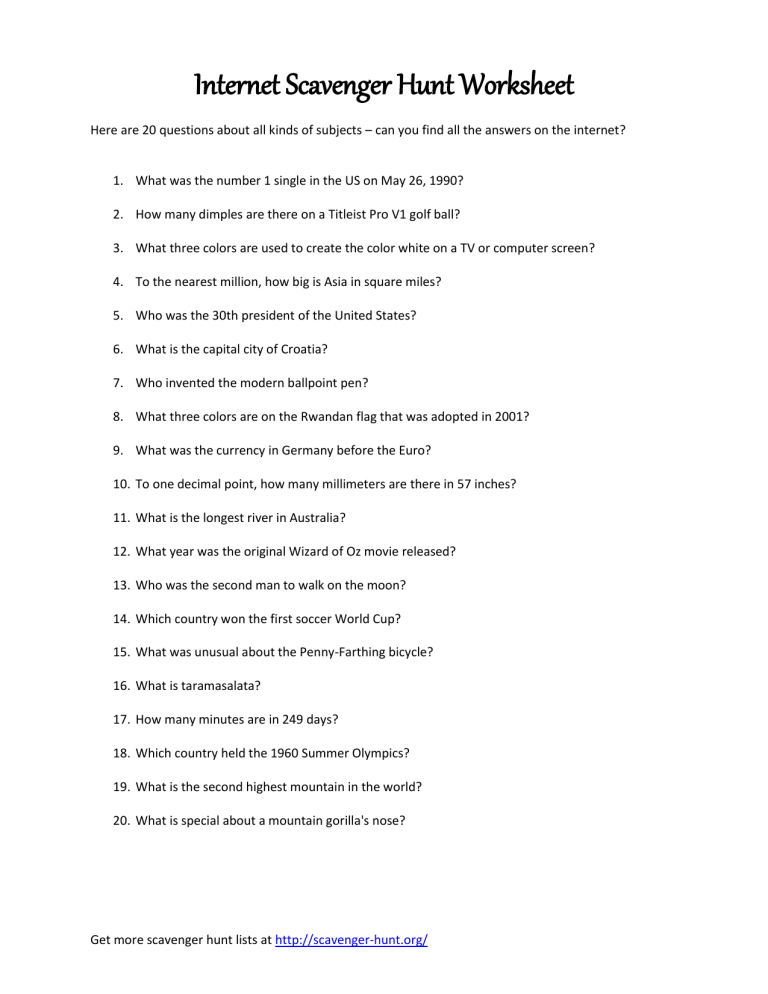 Internet Scavenger Hunt Worksheet