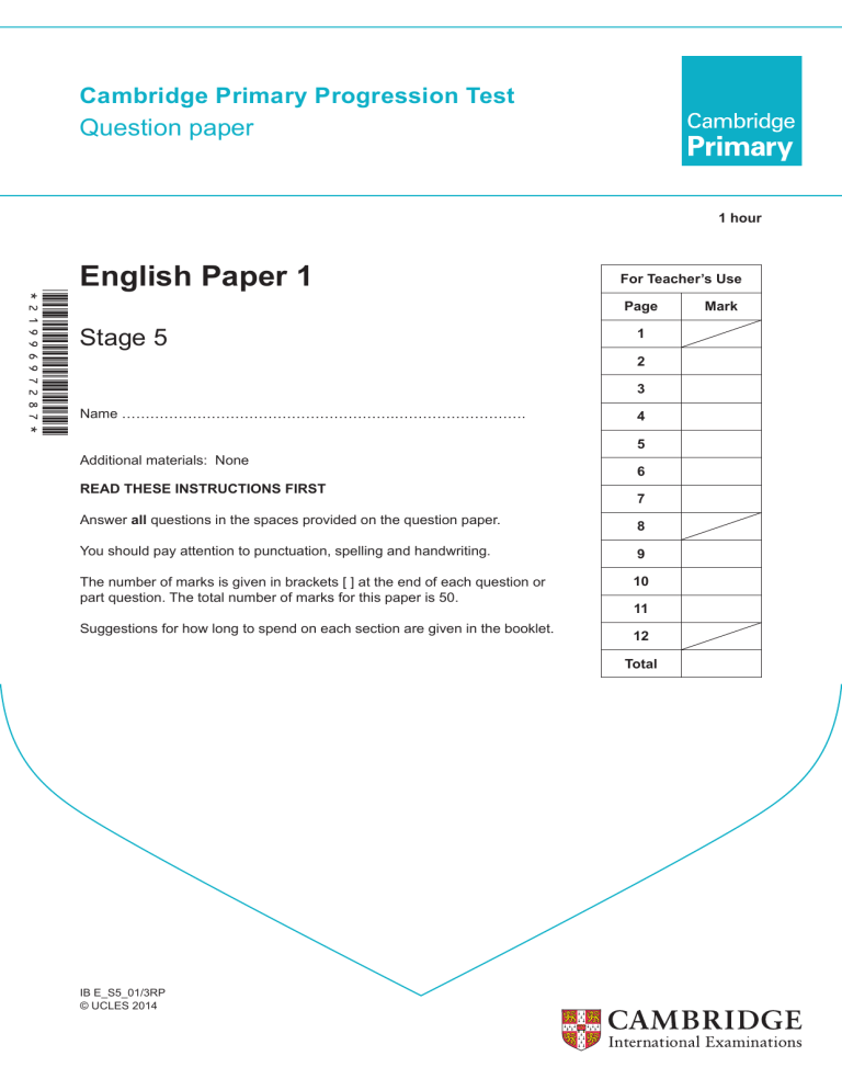 Primary Progression Test Stage 5 English Paper 1 2014 
