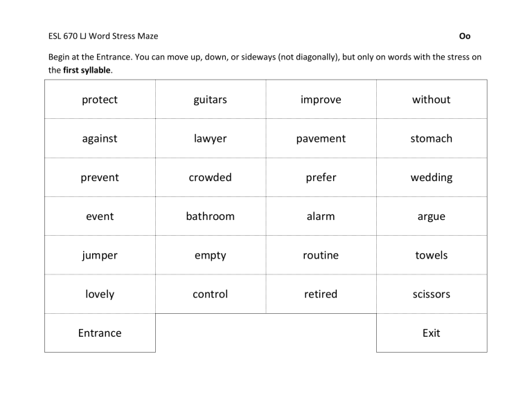 ESL Word Stress Maze Practice First Syllable Stress ESL Word Stress Maze Practice First Syllable Stress